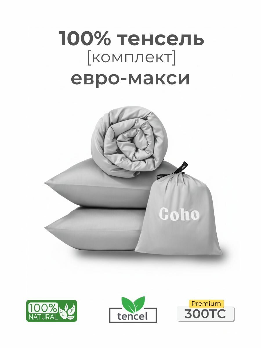 Комплект постельного белья, евро макси, 50x70, тенсель, светло-серый, Coho Home