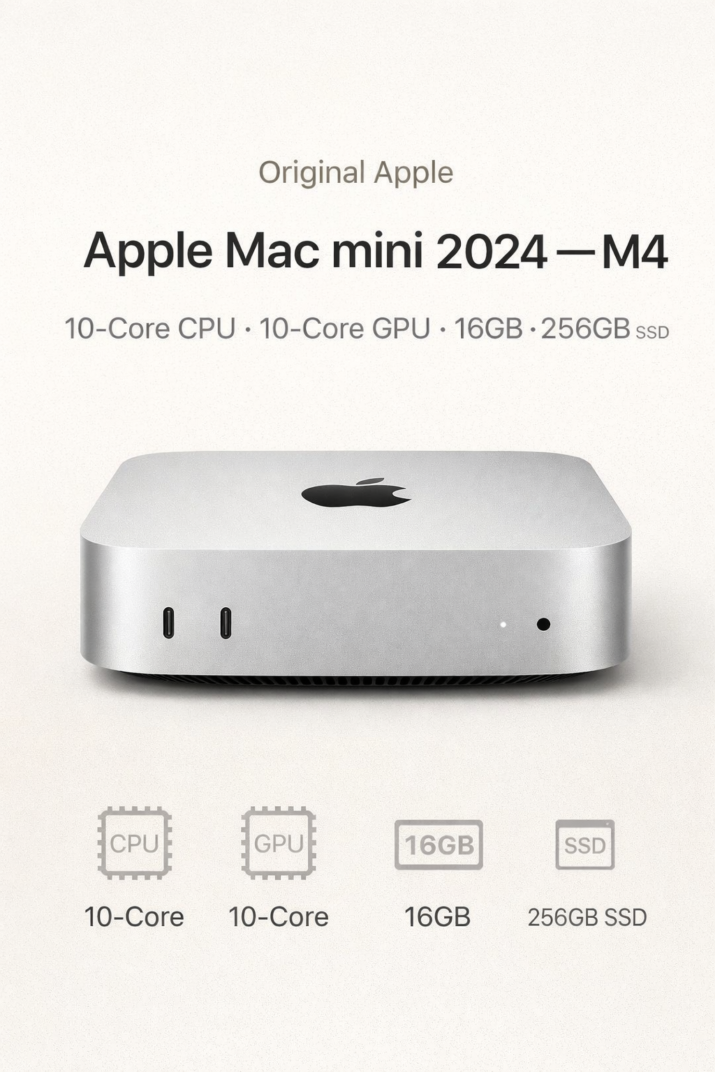 Оригинальный Apple Mac mini, 2024 (M4 10-Core, GPU 10-Core, 16GB, 256GB), Серебристый | Silver (MU9D3)