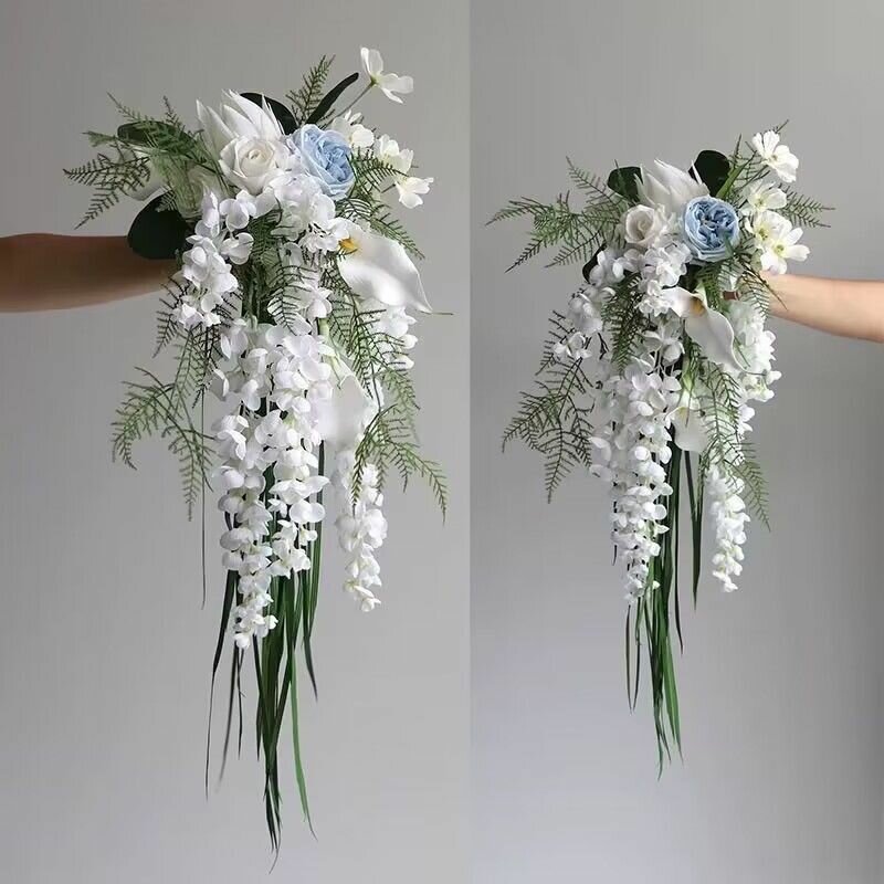 Горячая продажа ручного цветочного букета с эффектом водопада для невесты, свадебной фотографии, искусственные цветы, зеленые и белые искусственные цветы, декор для домашнего стола от фабрики