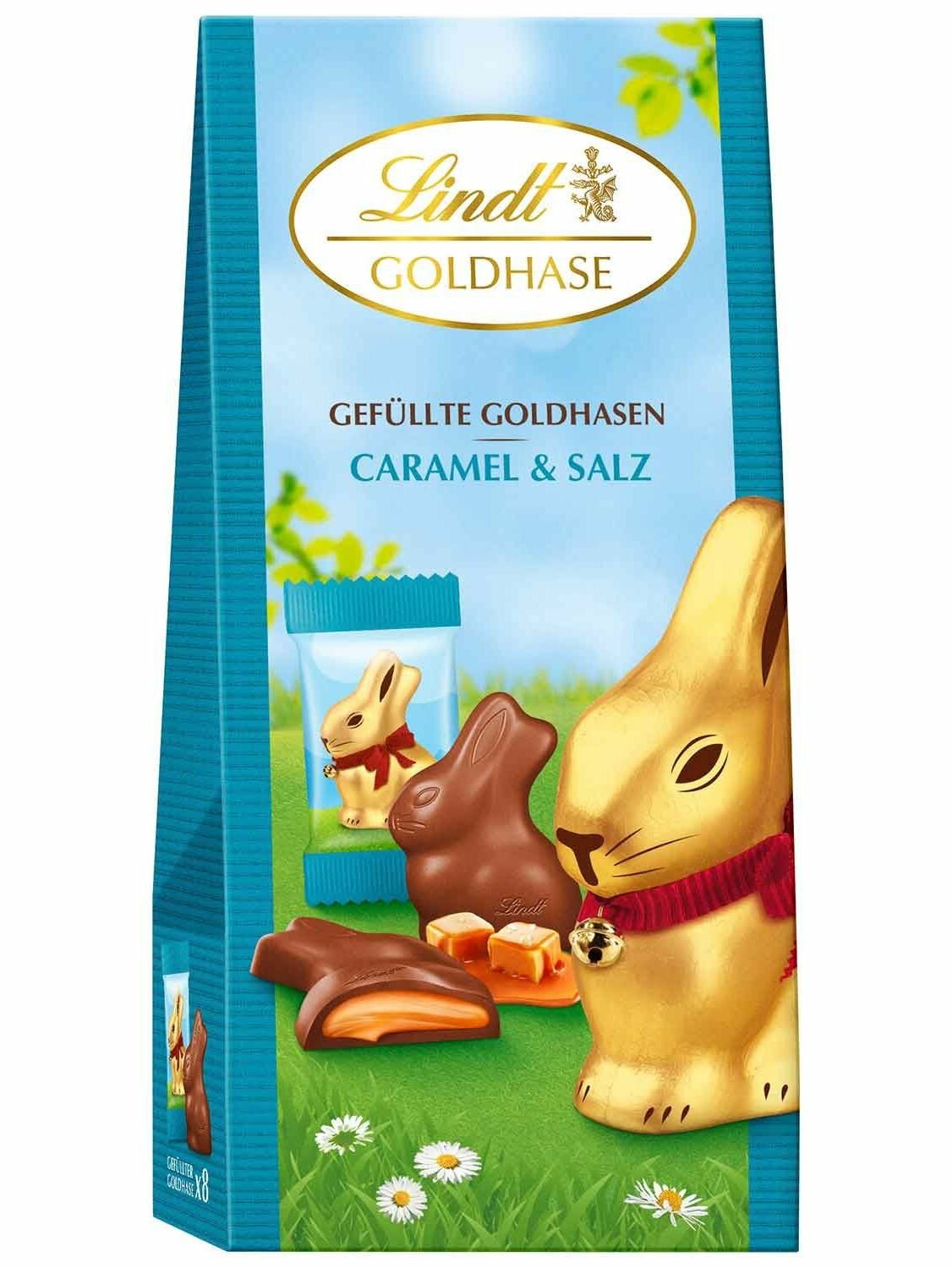 LIndt goldhase маленькие пасхальные кролики из молочного шоколада с начинкой соленая карамель, 8 шт, 80 гр (из Финляндии)