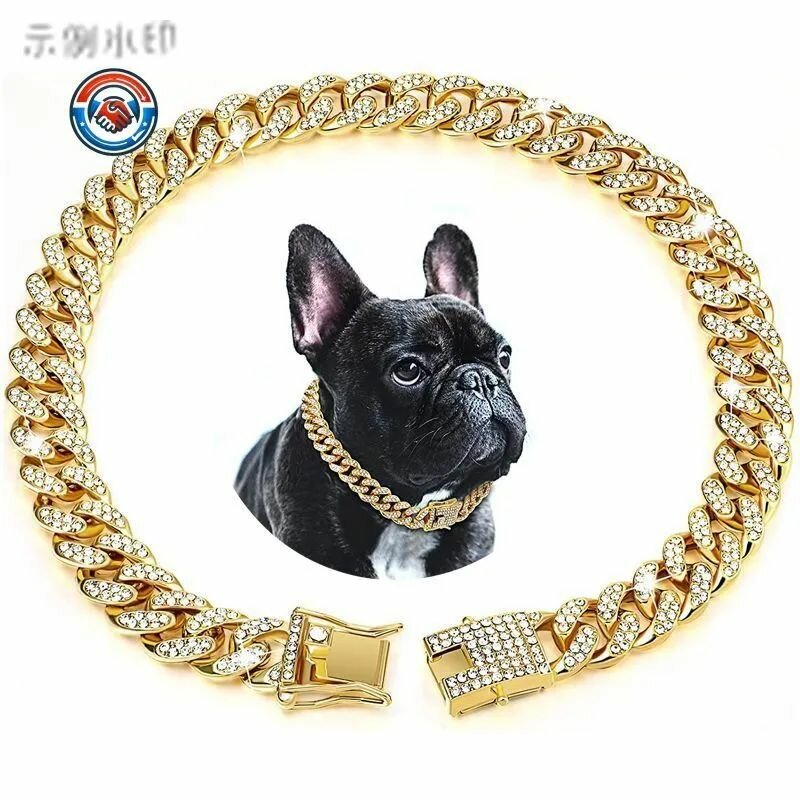 Ювелирный ошейник для собак и кошек с бриллиантовым блеском, кубинская цепь с пряжкой, роскошное аксессуарное ожерелье на шею для питомца, золотое и серебряное покрытие, выставочный аксессуар