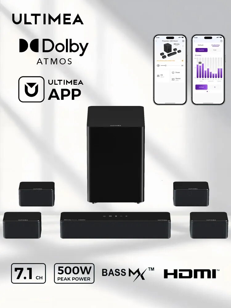 ULTIMEA Саундбар 7.1 Poseidon D80 Boom, 500W, 4 Проводных Динамика, Управление через Приложение, Звуковая Система для Кино и Игр (2025)