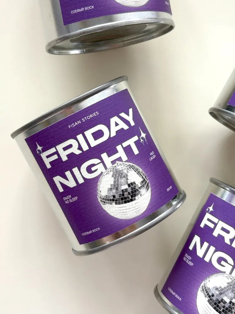 Свеча ароматическая Friday Night // fisan candles // в металлической банке из соевого воска, цвет серебристый, фиолетовый — фото 1