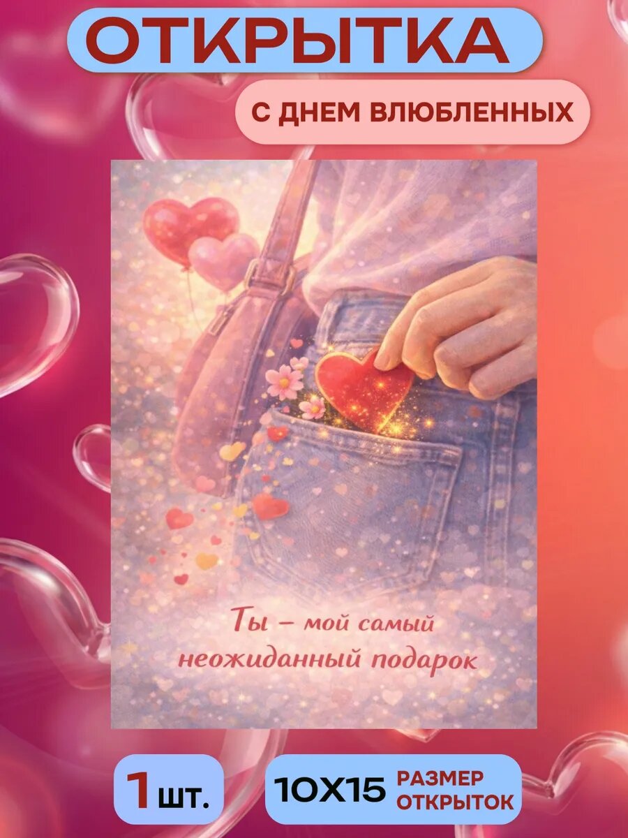 Открытка с Днем влюбленных, Святого Валентина, 1 шт 10х15 см