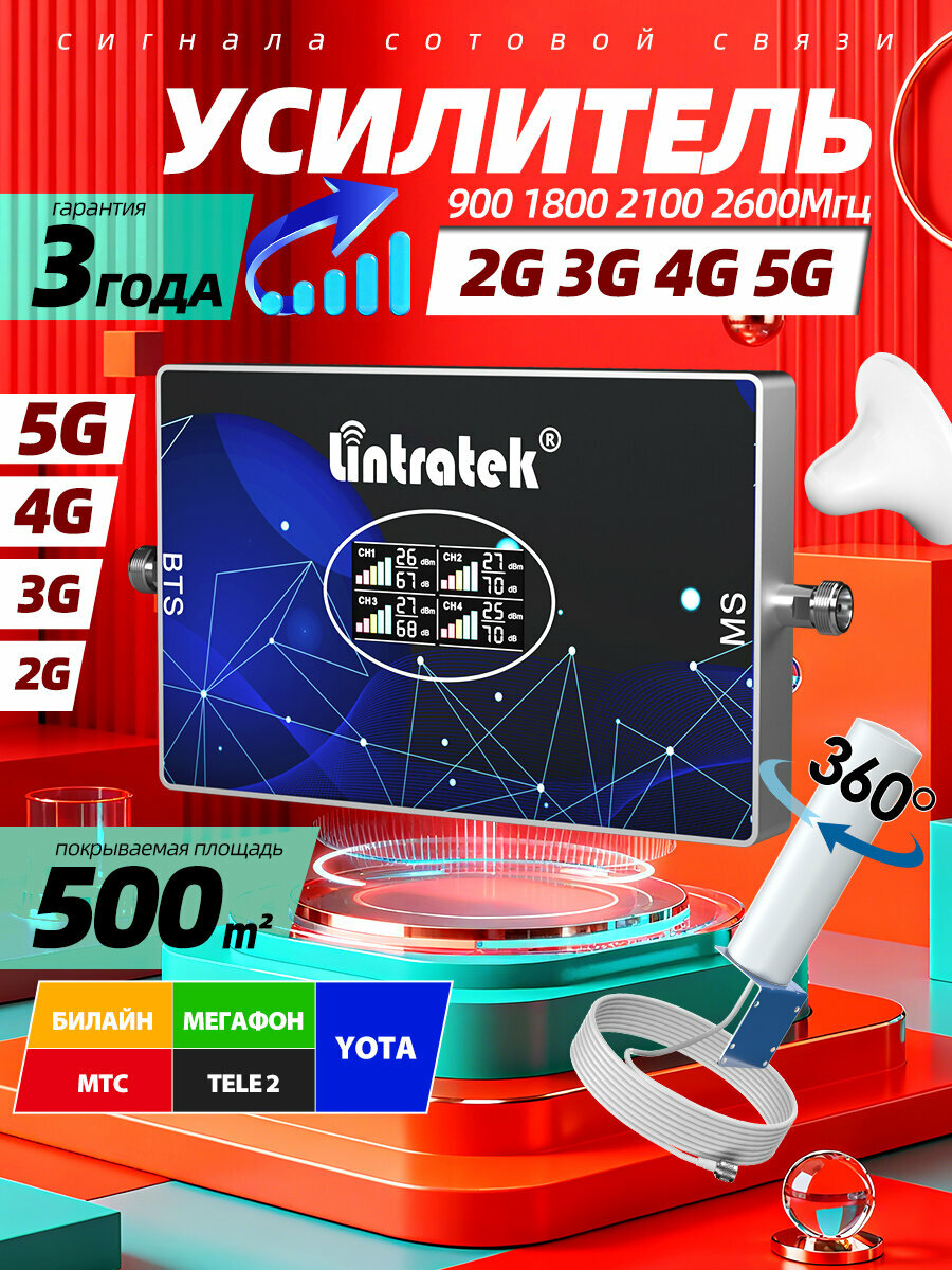 Усилитель сотовой связи и интернета, усилитель 4 канальный, Полный комплект с репитером и 2 антеннами