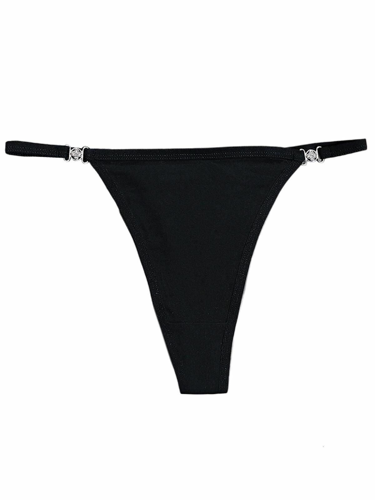 Трусы стринги с низкой посадкой и стразами, Черный - L