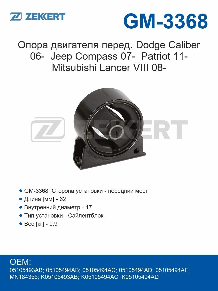 Zekkert Опора двигателя передняя Dodge Caliber с 2006 года Jeep Compass с 2007 года Patriot с 2011 года Mitsubishi Lancer VIII с 2008 года