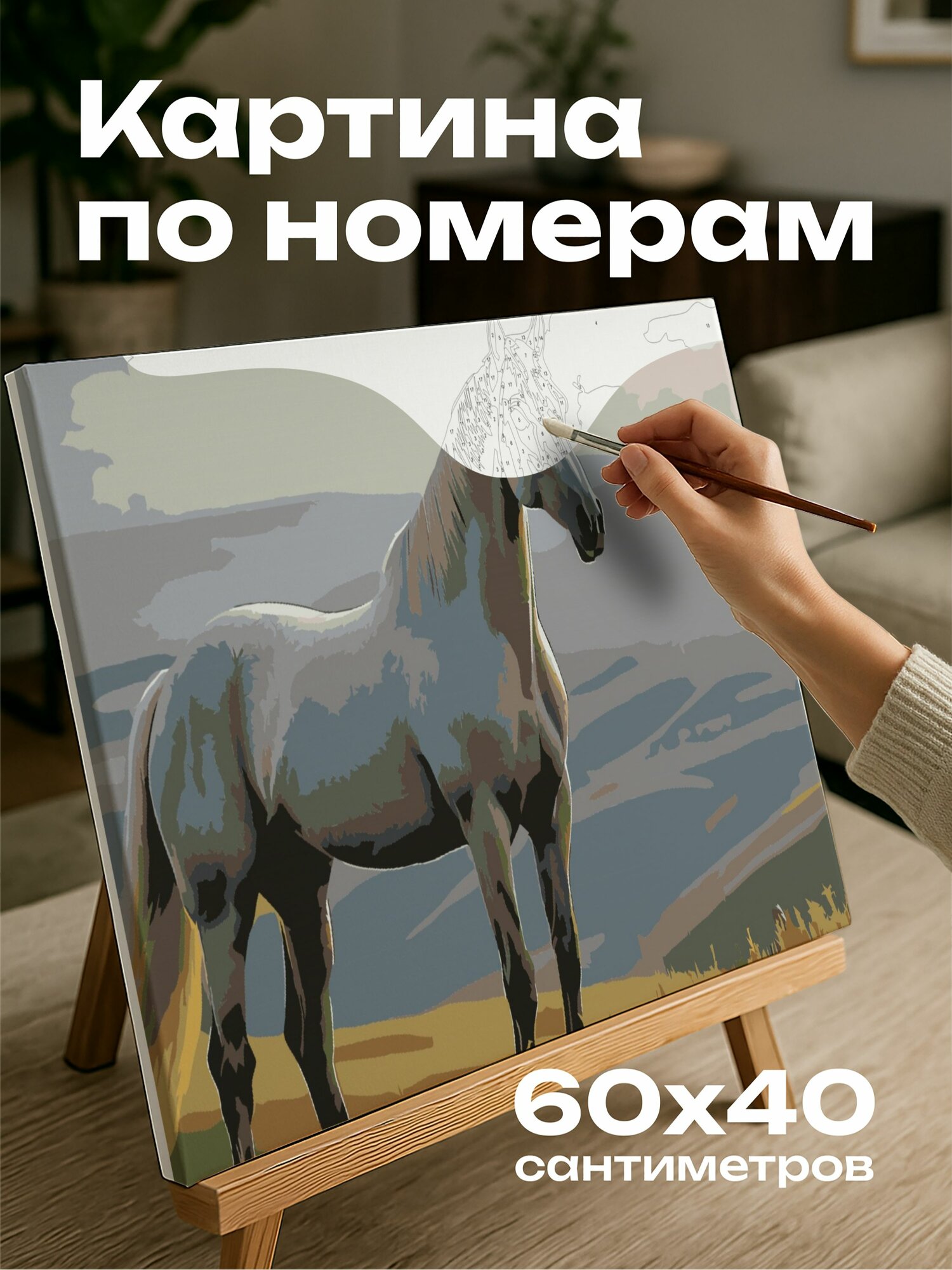 Картина по номерам 60x40 см, лошадь, арабская, царственная поза, холмы, небо, облака, грация, красота, ISO 100