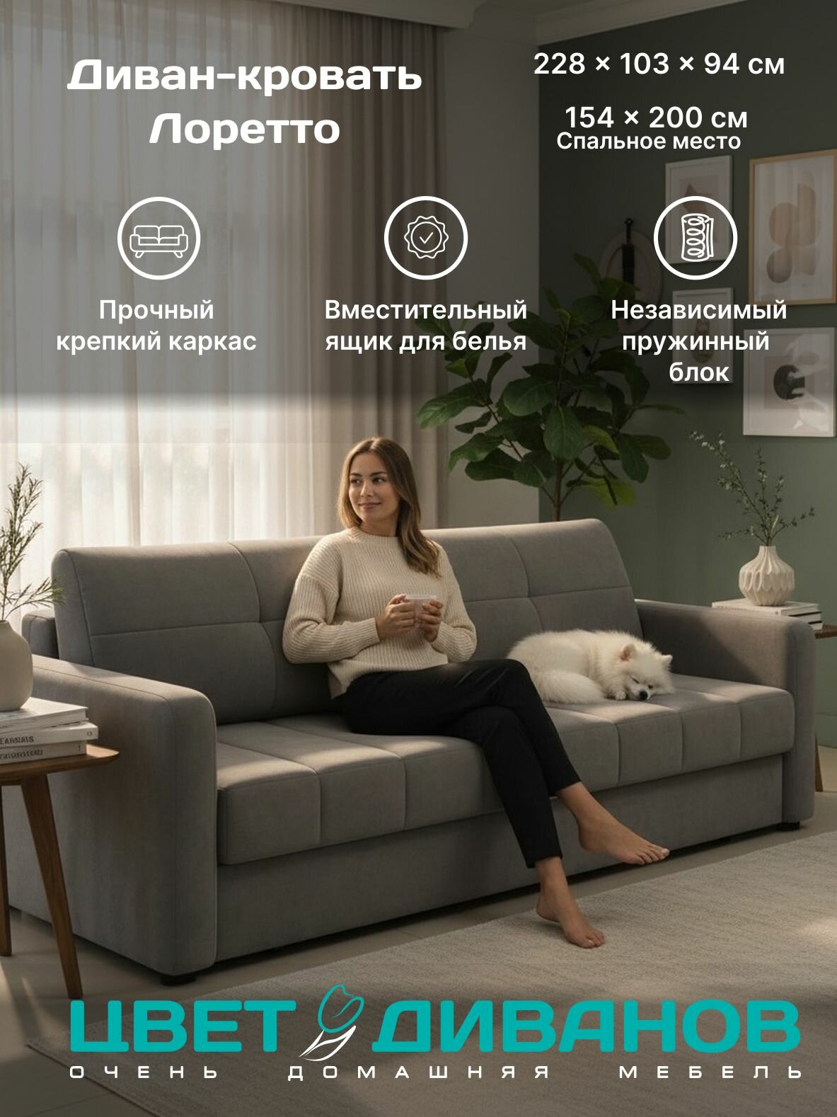 Диван кровать раскладной прямой Лоретто двухспальный в гостиную, евро книжка трансформер, лофт, большой, ортопедический