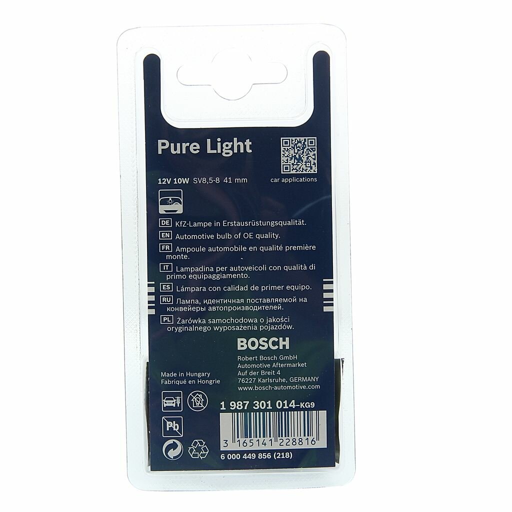 Лампа накаливания, oсвещение салона Pure Light BL, для ВАЗ Лада Гранта, 2190, Калина 2 2192, 2194, Приора 2170 арт 1987301014 BOSCH