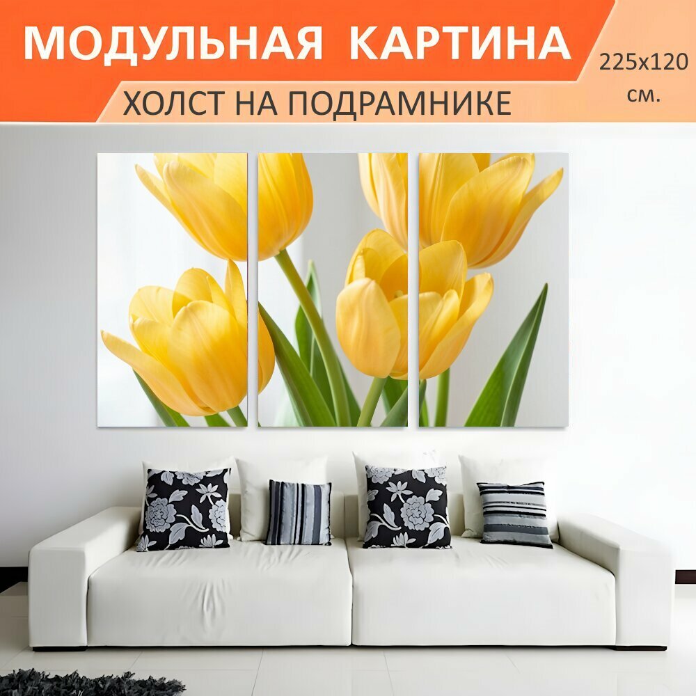 Модульная картина на холсте "Жёлтые тюльпаны в мягком свете. Нежные весенние цветы в тёплых золотистых оттенках, крупные лепестки и." триптих на подрамнике 225х120 см. для интерьера