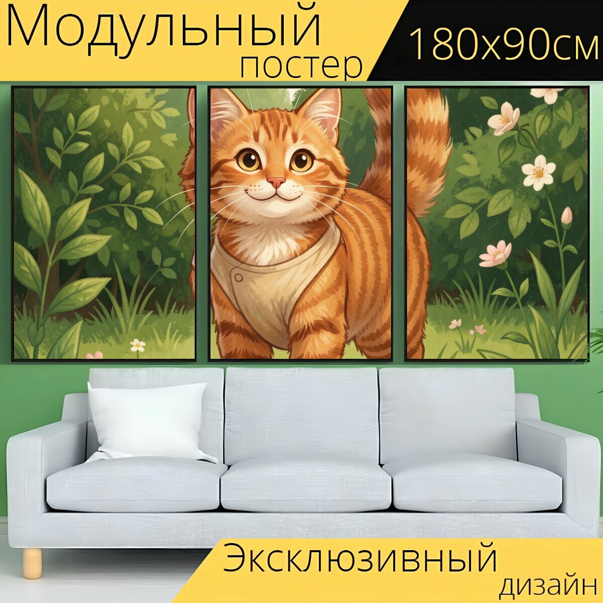 Модульный постер "Рыжий кот в цветущем саду. Милый полосатый питомец в бежевой жилетке стоит на лужайке среди зелени и нежных цветов." 180 x 90 см. для интерьера на стену в тубусе