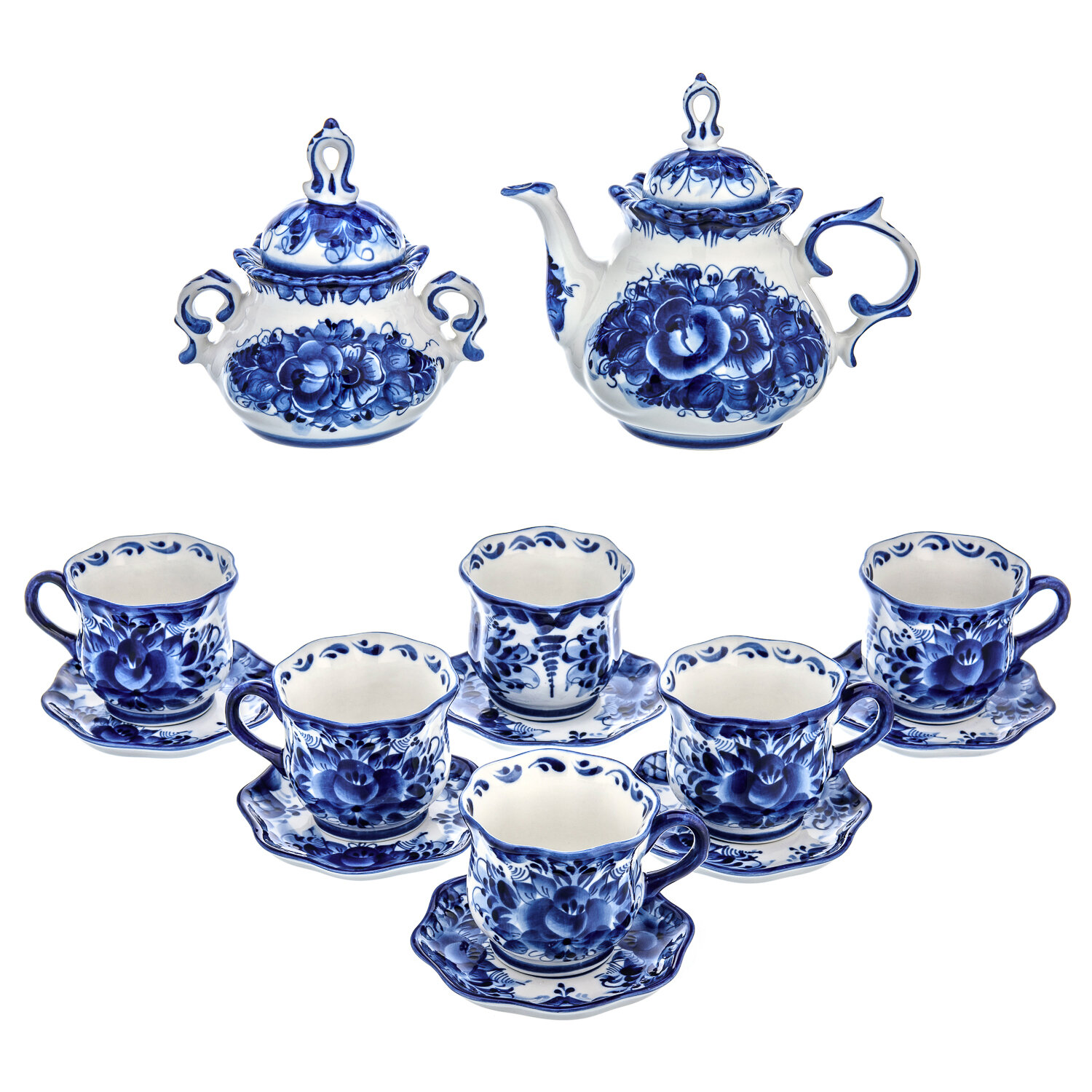 0060274/Срв-кружки Гжель сервиз"анемон": чайник, сахарница+6 ч/пар Авт. работа.