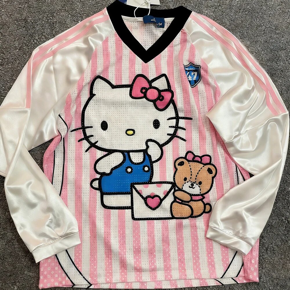 MINISO Новая летняя хоккейная майка Sanrio Hello Kitty для детей и взрослых, свободного кроя, дышащая, быстросохнущая, в стиле Y2K, мужская повседневная футболка с длинным рукавом, Размер: 110