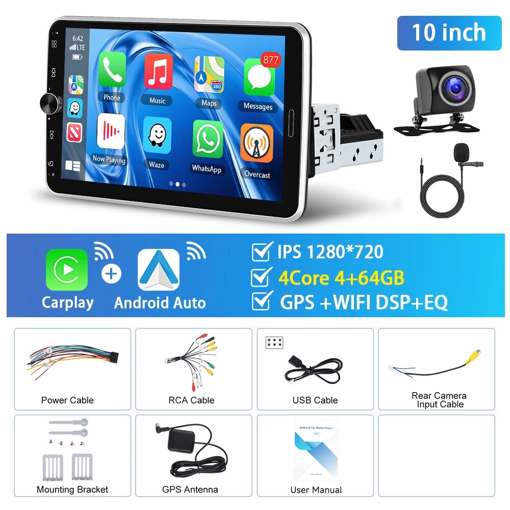 Podofo 10,1-дюймовый регулируемый экран 4 + 64G 1Din Авторадио Carplay Android Auto EQ 4 64G AHD