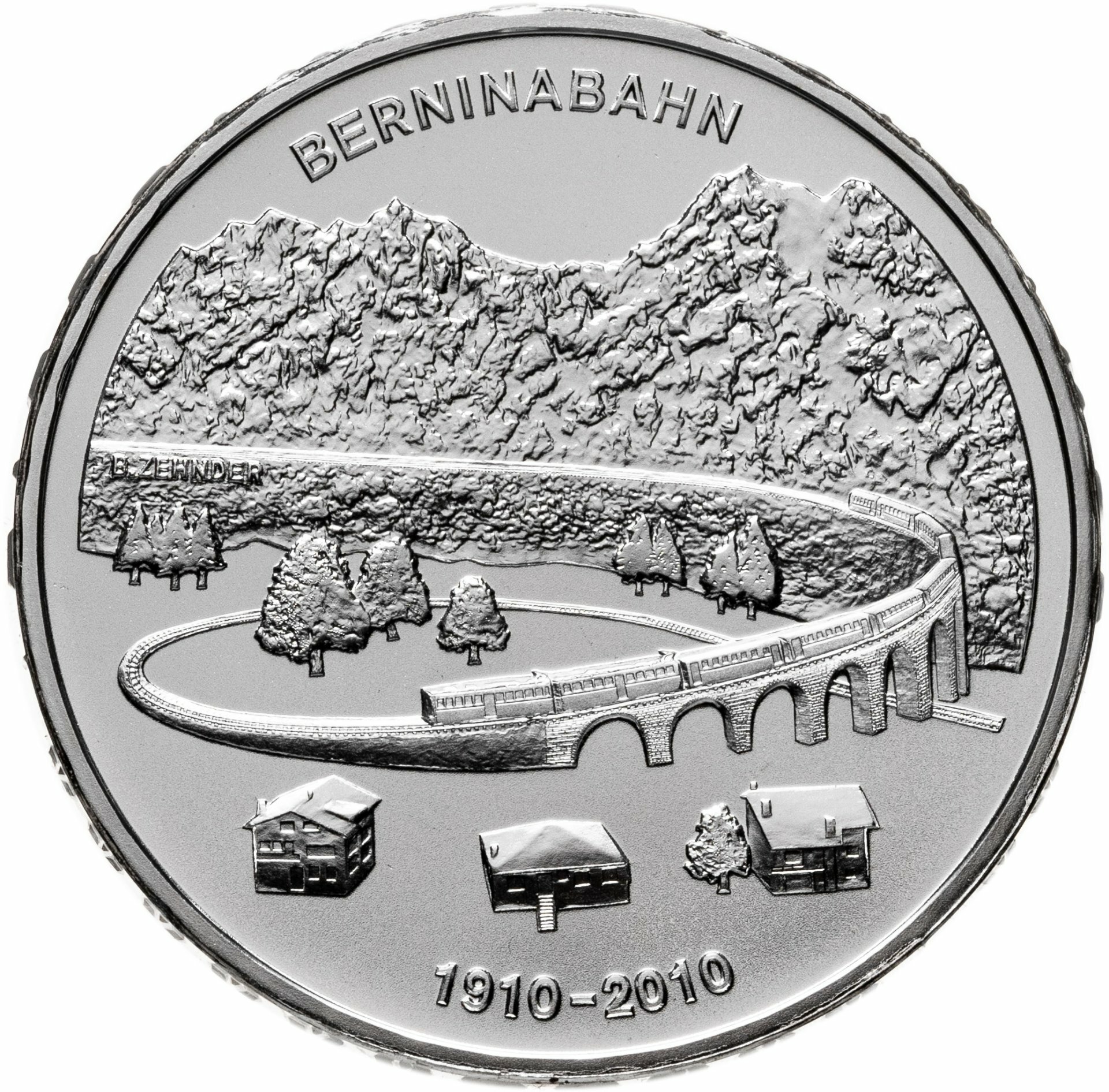 Швейцария 20 франков 2010 "100 лет Бернинской железной дороге" в капсуле, Серебро 835, в сохранности BUNC