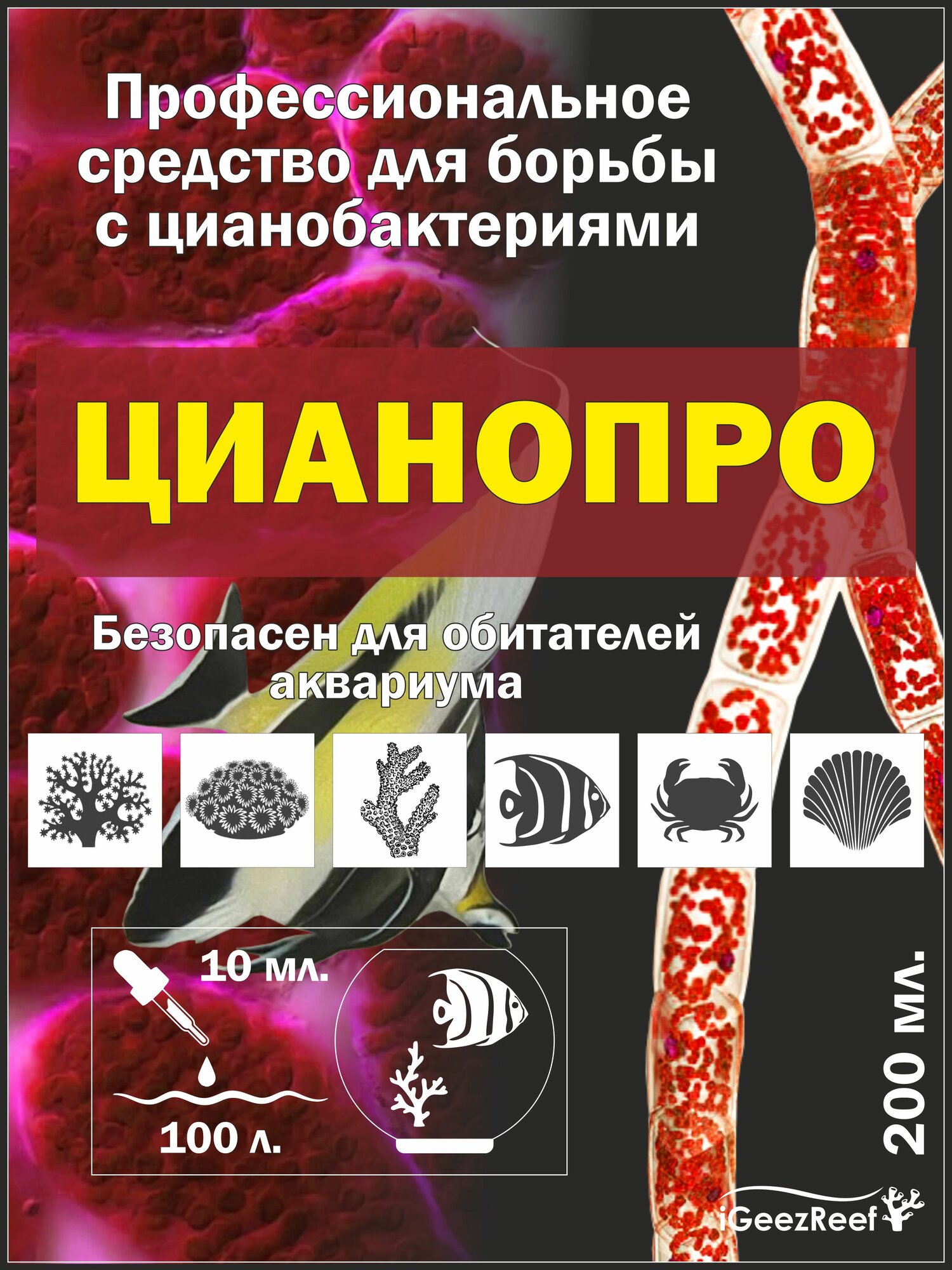Цианопро, iGeezReef, 200 мл, средство для борьбы с циано в морском аквариуме.