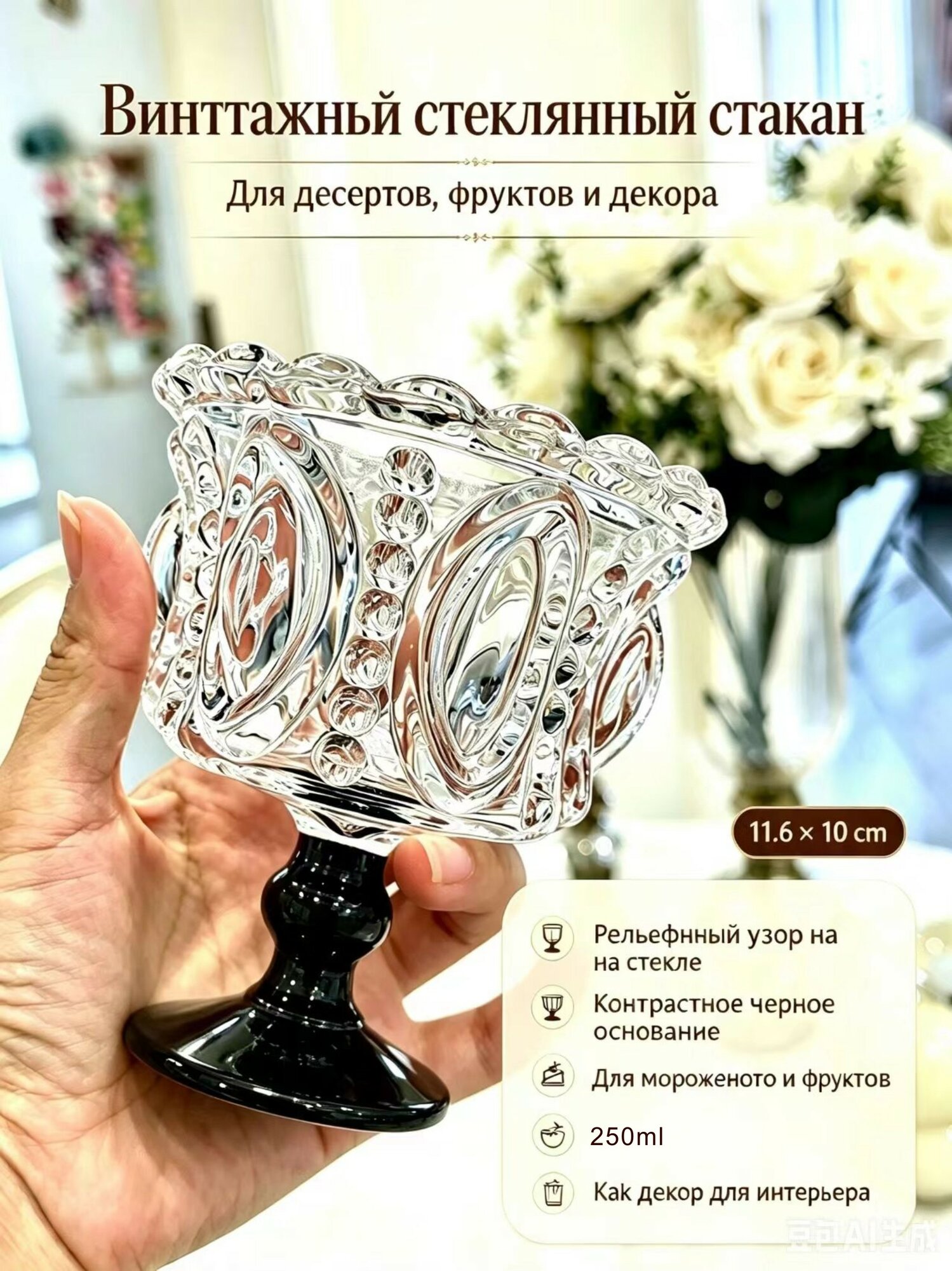 Стеклянная чашка для десерта, стаканы с рельефной росписью, стаканы для мороженого，бокал1 шт