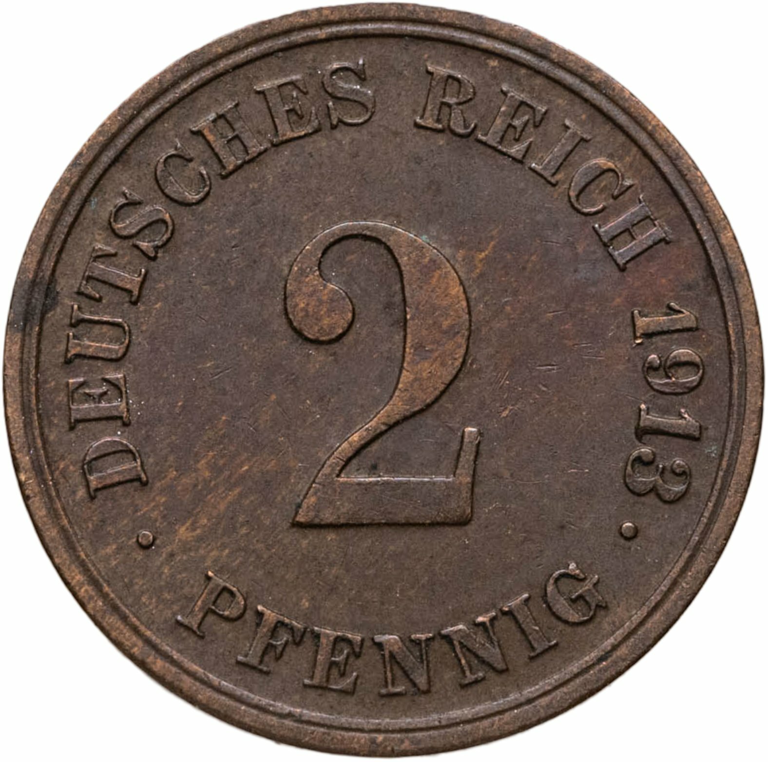 Германия 2 пфеннига pfennig 1913 G знак монетного двора: "G" - Карлсруэ, Медь, в сохранности XF