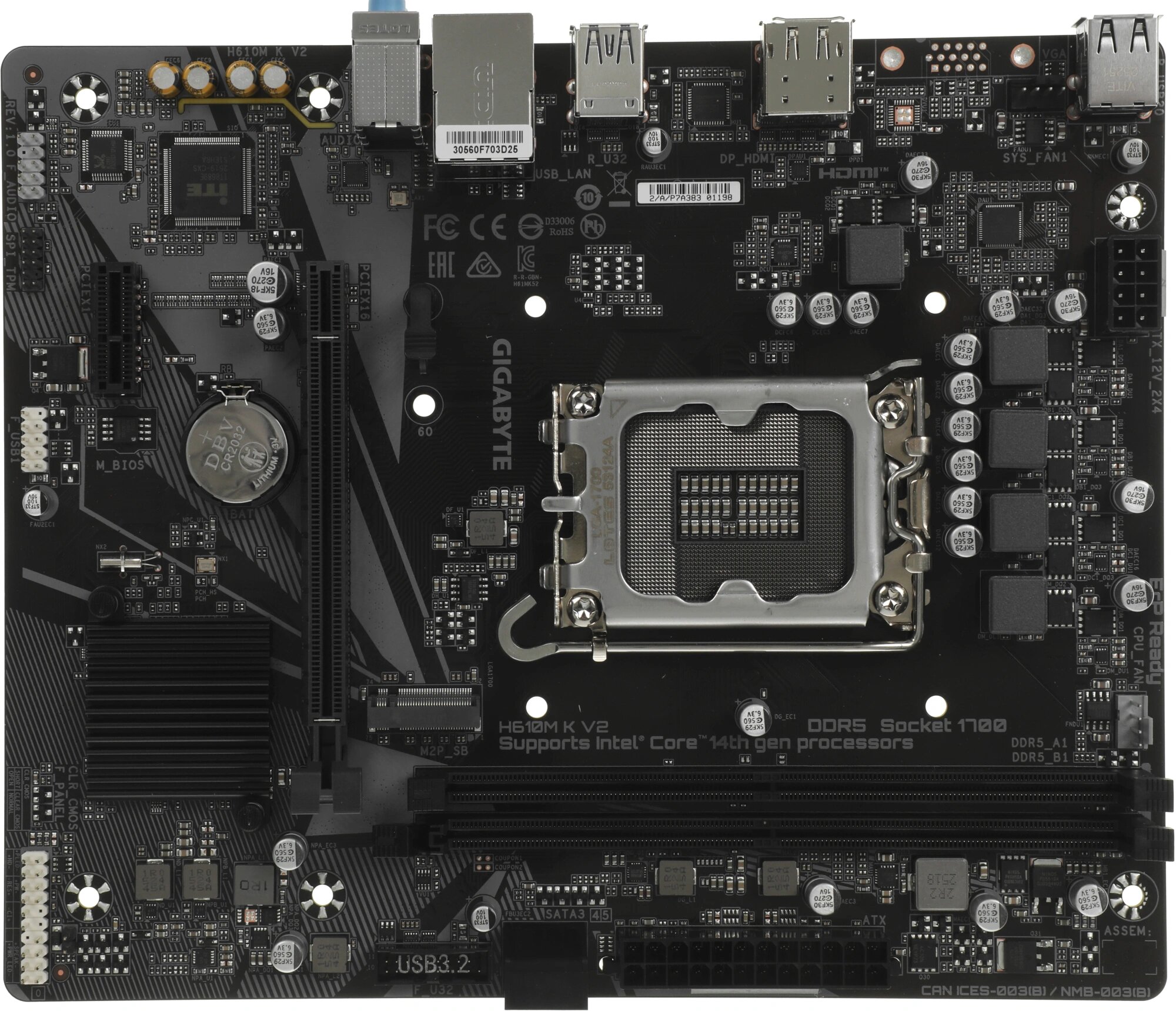 Материнская плата Gigabyte H610M K V2 Soc-1700 Intel H610 DDR5 mATX AC`97 8ch(7.1) GbLAN+HDMI+DP