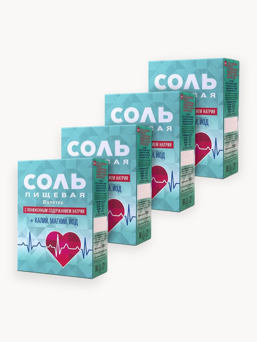 Соль пищевая калий, магний, йод, Валетек, 4 шт. по 350 г