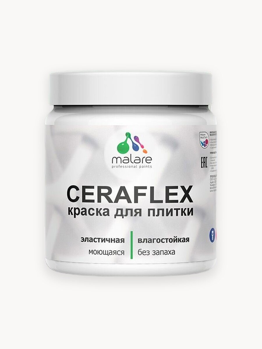 Акриловая краска для плитки Malare Ceraflex для керамической и кафельной плитки, стен в кухне и ванной, моющаяся быстросохнущая без запаха, матовая, линия ветра, 0.5 кг