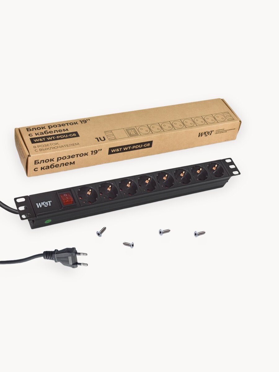 Блок розеток 19", 8 розеток, кабель 1.8м, 1U, алюминий, выключатель 220В W&T (WT-PDU-G8)