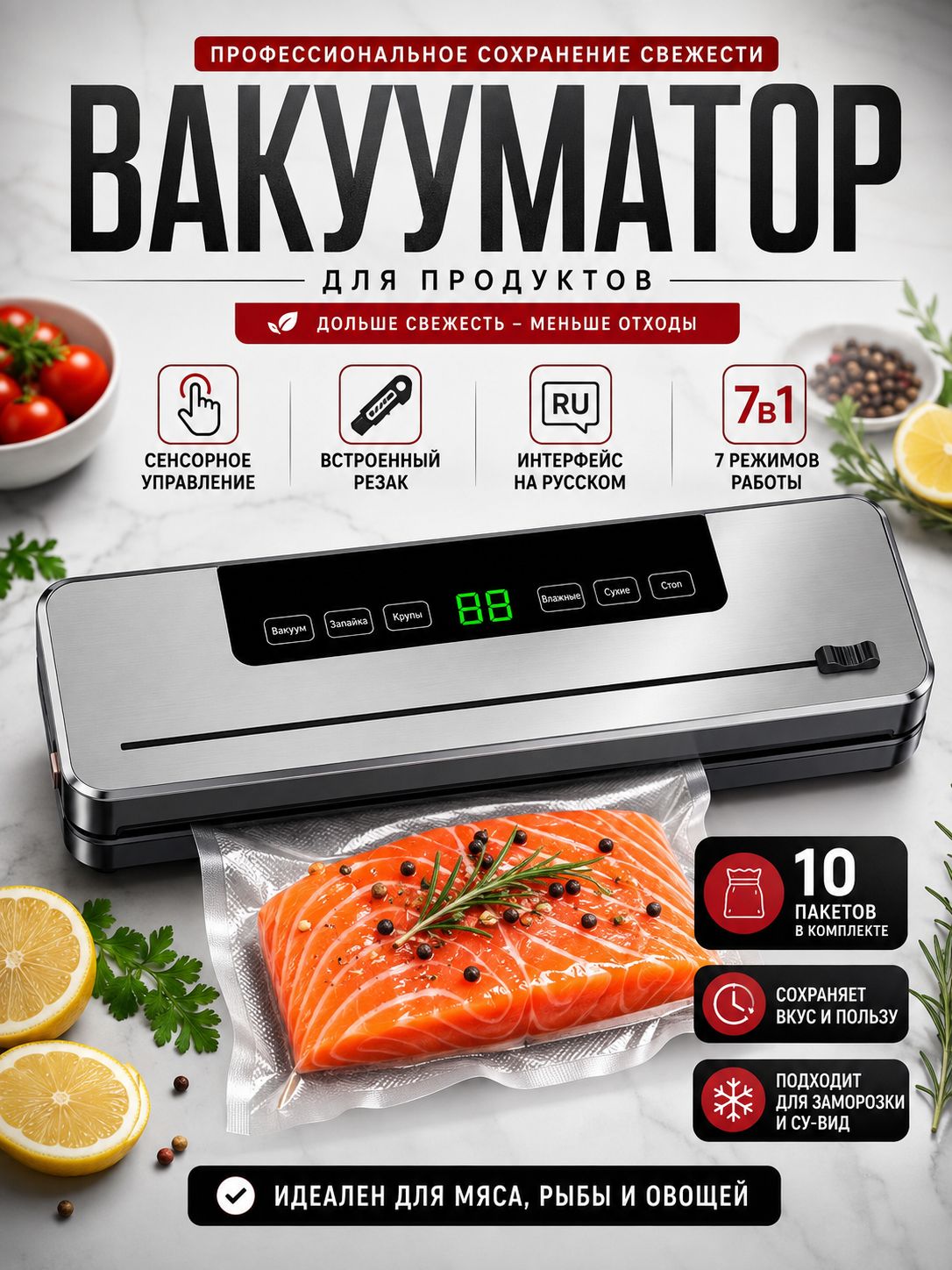 Вакууматор для продуктов с пакетами и резаком, Вакуумный упаковщик, с шланг, с режущим аппаратом,120 Вт, 80 кПа