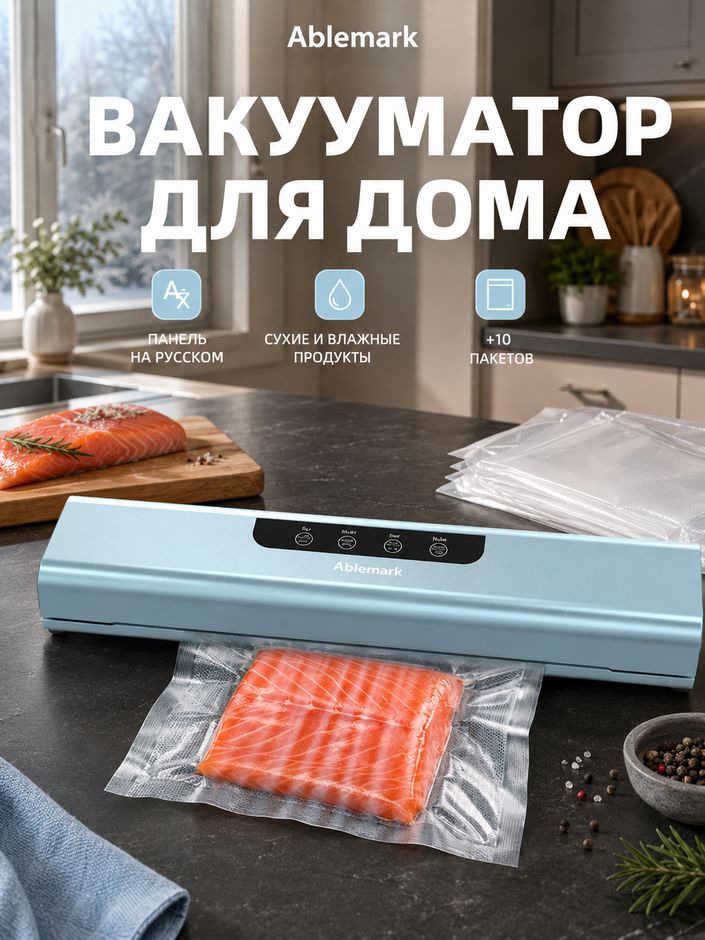 Вакуумная герметизирующая машина синего цвета