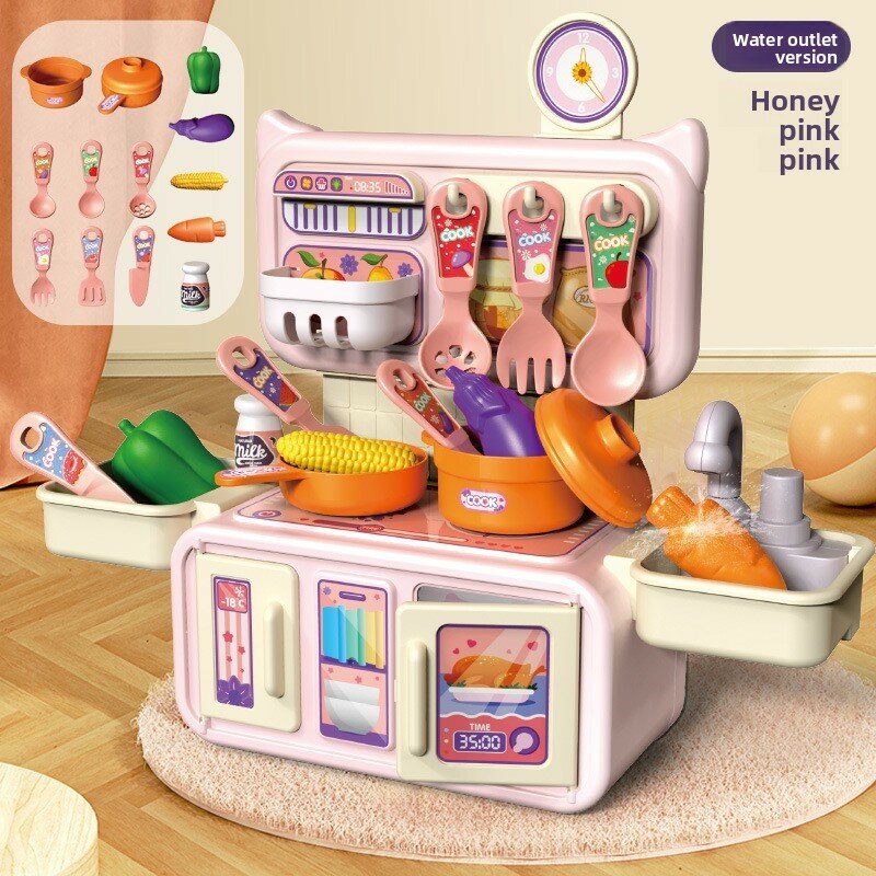 Realistic plastic kitchen play set with pretend cooking accessories for kids and family fun, pink