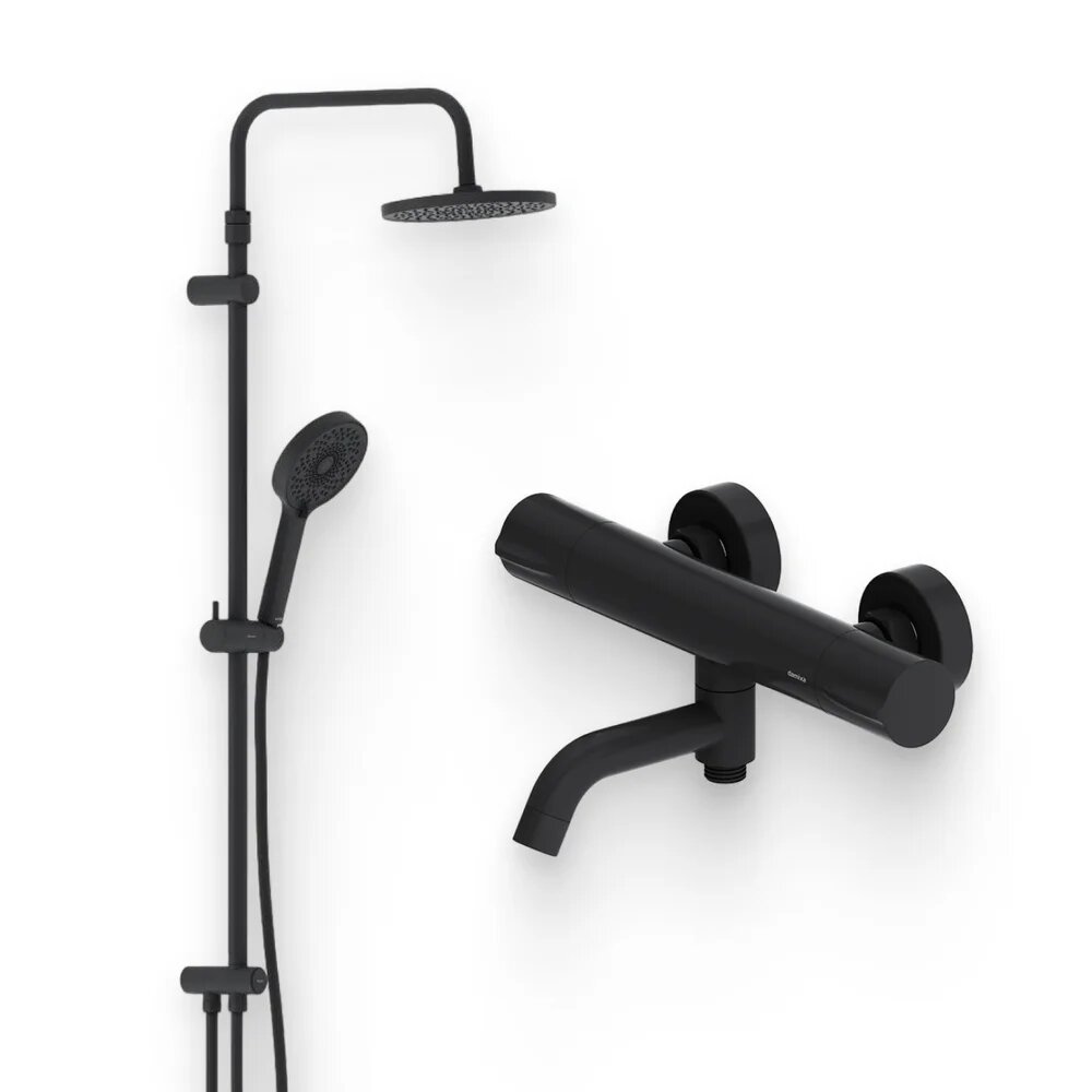 Душевой комплект Термостат Damixa Scandinavian Pure 363000300 для ванны с душем, черный / Стойка Apollo 947000300 черная матовая