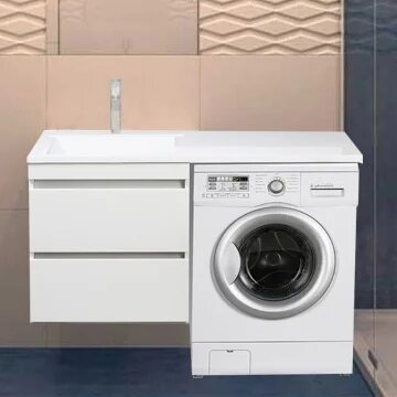 Тумба с раковиной Style Line Даллас 120 подвесная, под стиральную машину, 120, 2 см, белая, глянцевая, из МДФ, с ящиками, раковина для ванной, из искусственного камня, прямоугольная