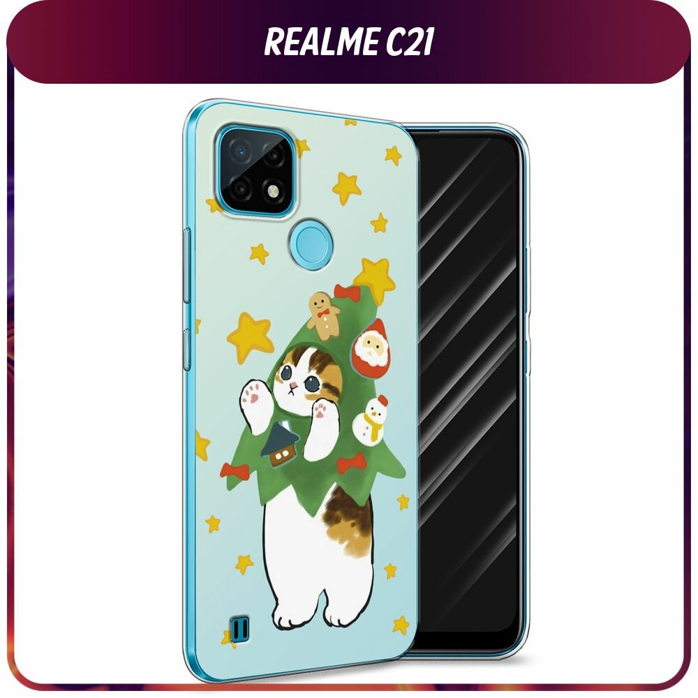 Силиконовый чехол на Realme C21 / Реалми С21 с принтом Котик-ёлочка