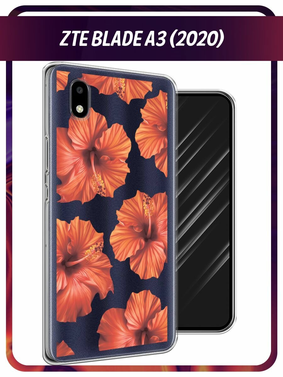 Чехол на ZTE Blade A3 (2020) / ЗТЕ Блейд А3 (2020) с принтом "Рыжие гибискусы", прозрачный