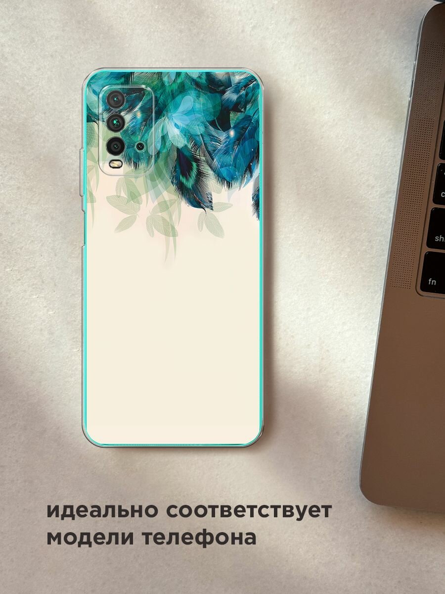 Чехол на Xiaomi Redmi 9T / Сяоми Редми 9Т с принтом Перья голубого цвета — фото 1