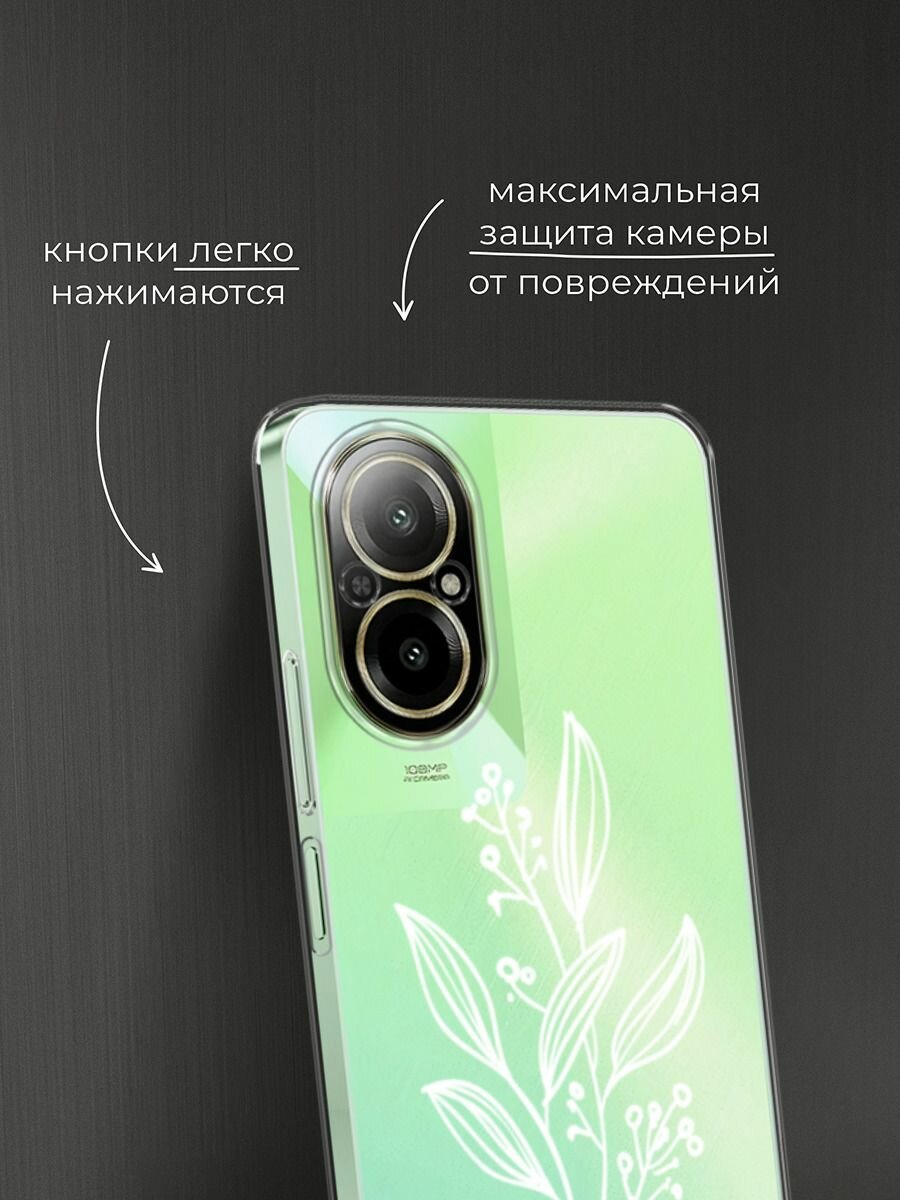 Чехол на Realme C67 4G / Реалми C67 4G с принтом "Ветка с листочками и цветами", прозрачный — фото 1