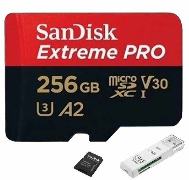 Карта памяти SanDisk Extreme PRO microSDXC 256 ГБ Class 10 UHS-I V30 A2, 200/130 Мб/с + SD адаптер