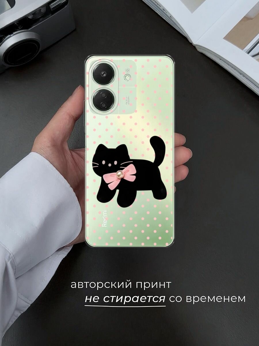 Чехол на Xiaomi Redmi 13C/Poco C65 / Сяоми Редми 13C/Поко С65 с принтом Черный котик с бантом, прозрачный — фото 1