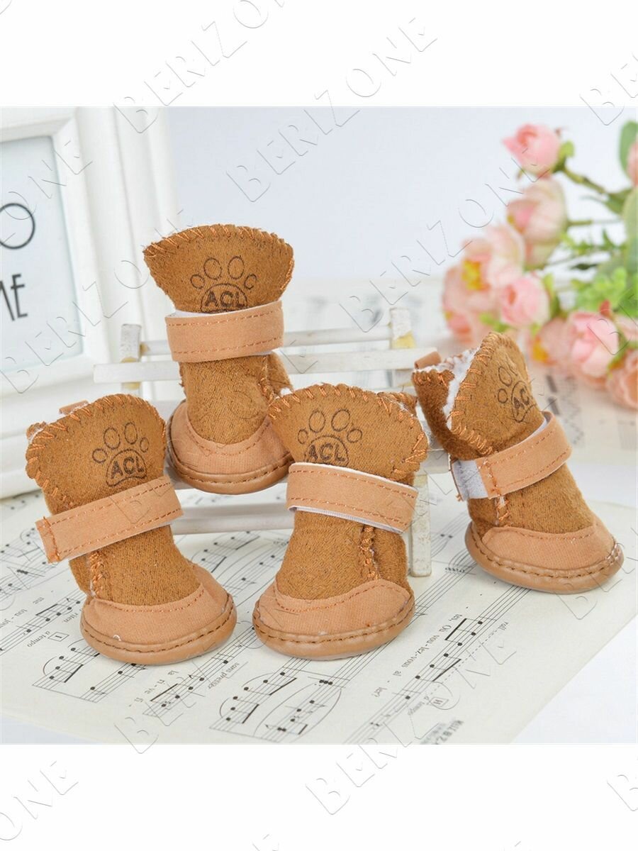 Ботинки утепленные для собак мелких пород зимние непромокаемые, антискользящие с флисом, набор 4 шт для той-пуделя, померанского шпица