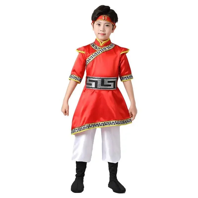 Детский монгольский костюм, розовый красный, полиэстер, хлопок Красный, XL Height 140cm, Boy Red 1OnE