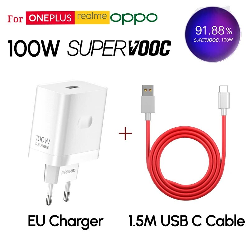 OnePlus 100 Вт SuperVOOC Зарядное устройство для быстрой зарядки Настенные EU with 1.5M Cable
