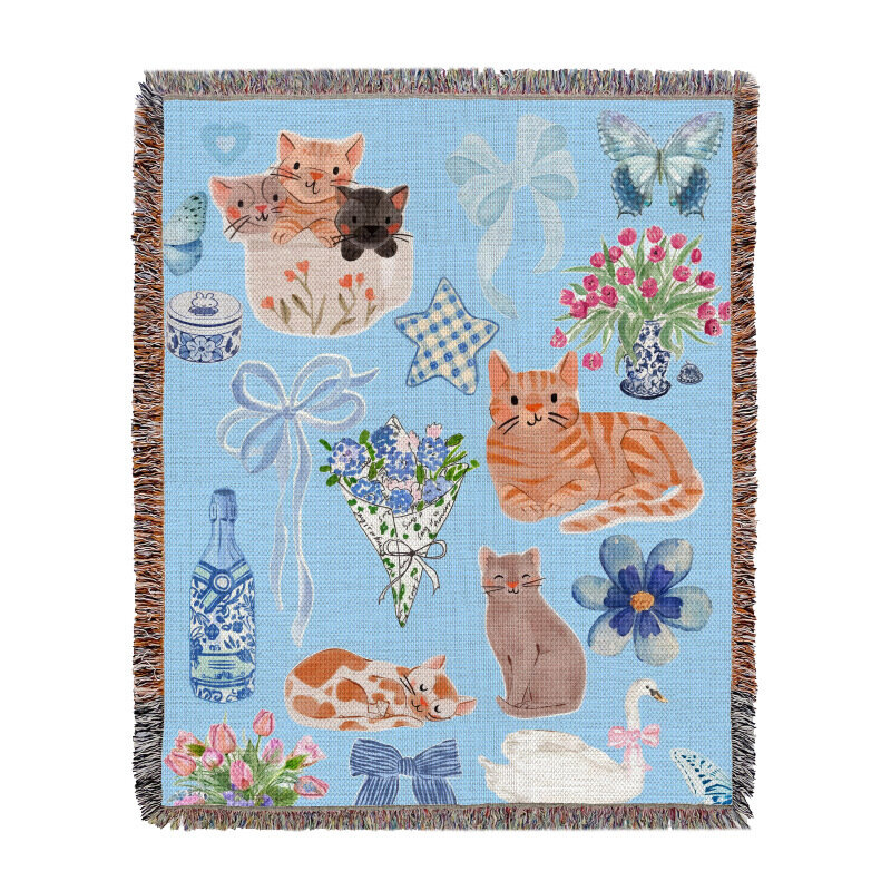Покрывало на диван угловой, Двустороннее одеяло, синий покрывало на диван, котенок, 130х160 см