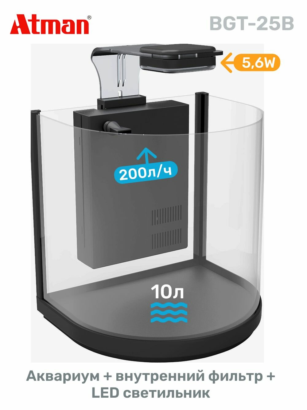 Аквариум дуговой Atman BGT-25 черный, 10л. + внутренний фильтр + LED светильник