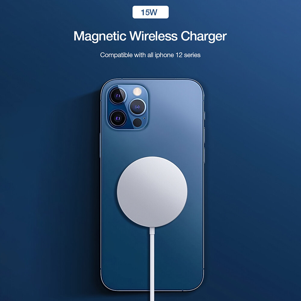 Магнитный беспроводной зарядник 15W быстрая зарядка для iPhone 12/12 Pro Max/Mini/AirPods Pro, материал алюминиевый сплав+ABS, вес 50.3g, порт Type-C, вход DC 5V/3A 9V/2.2A, выход 15W Max