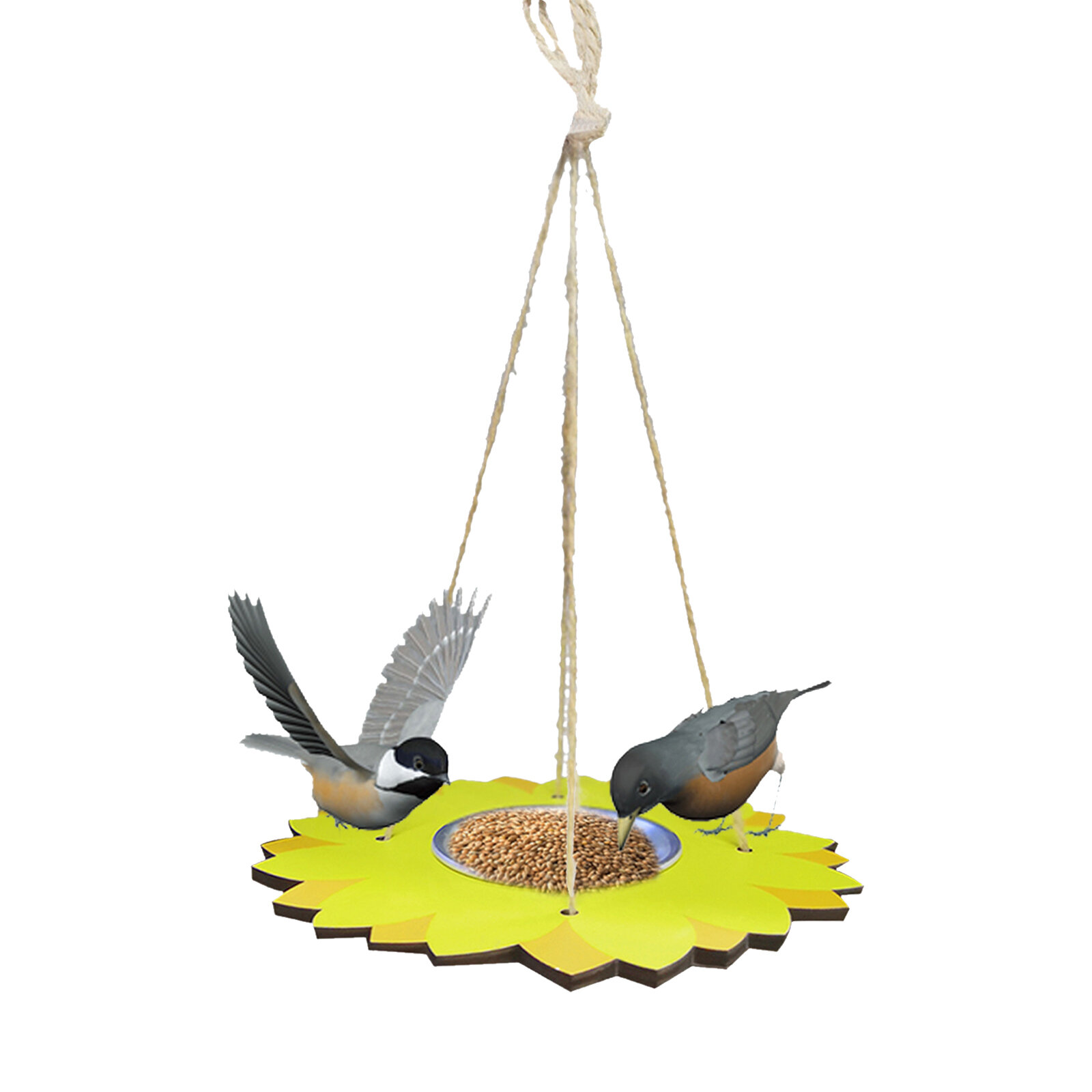 Пendant Bird Feeder Tray из нержавеющей стали и дерева для привлечения птиц Kakadu, Макао, Паракет, Чистокрылые, цвет желтый, форма цветок, для дома, улицы, сада, дерева, размер упаковки 18*18*2см, вес 91г, 1шт