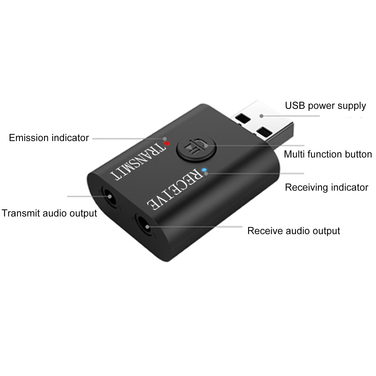 USB Audio Transmitter Receiver Bluetooth 5.0 Wireless Music Adapter 3.5mm AUX черный для TV Speaker Headphones Car Stereo, Transmission Distance 15m, Input Voltage DC 5V, Interface 3.5mm+USB, Item Size 42.5*25.5*10mm, Package Size 5*4*2cm, Package Weight