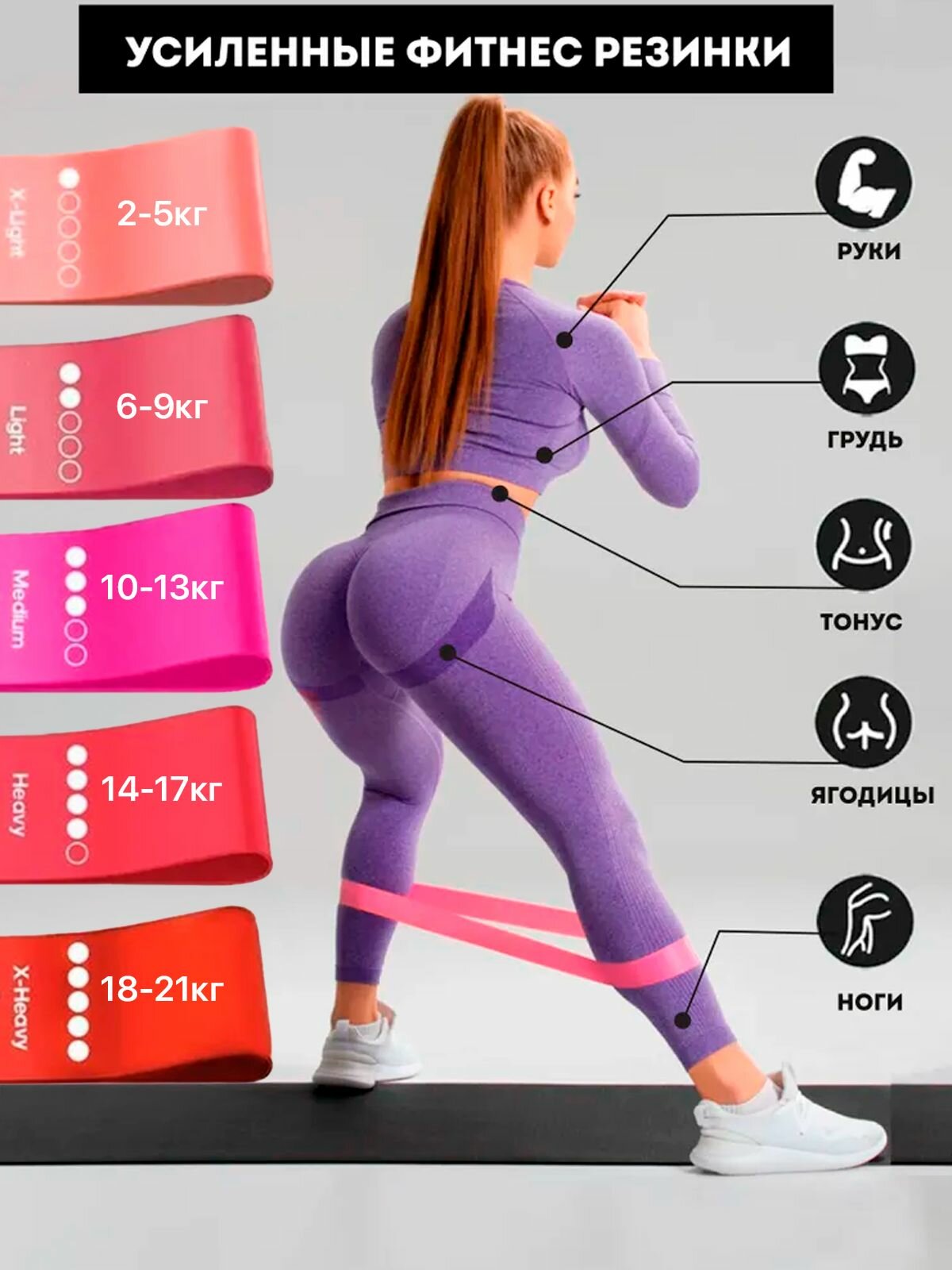 Резинка для фитнеса, набор 5 шт. Спортивный комплект эспандеров для спорта, йоги, пилатеса. Фитнес резинки цвет: розовый