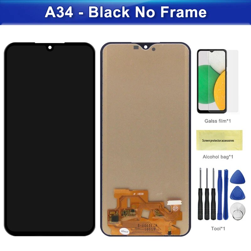 Протестировано A34 5G для Samsung A34 A346 A346B A346E A346M A3460 Замена ЖК-дисплея с цифровым преобразователем сенсорного экрана в сборе Black No Frame