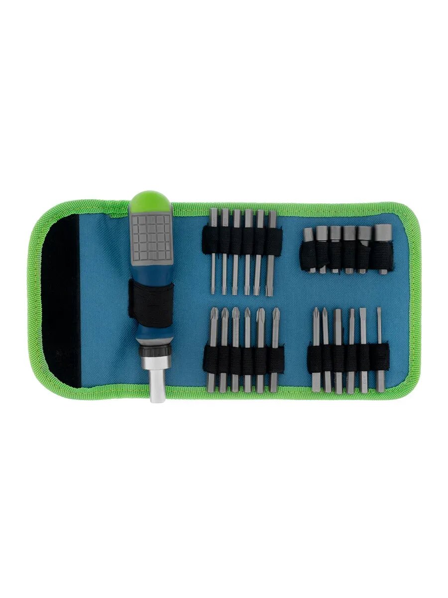 Отвертка реверсивная, набор бит и головок, 13376