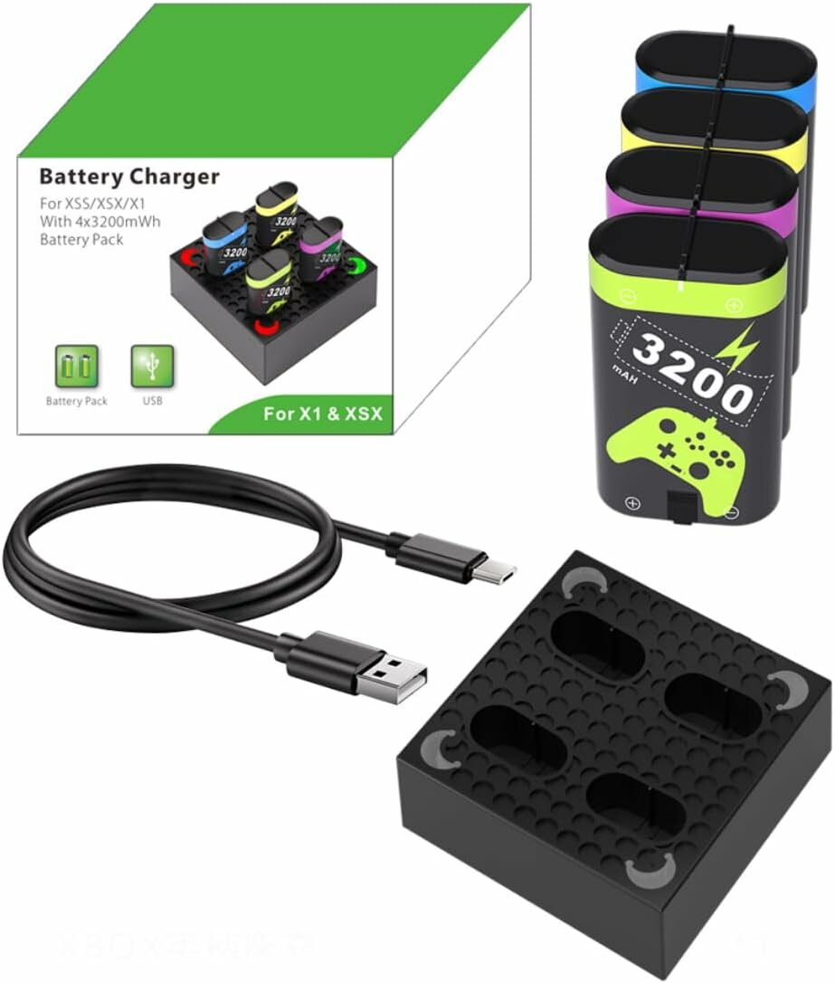 Перезаряжаемый аккумулятор с зарядной док-станцией — 4 сменных аккумулятора емкостью 3200 мАч с длительным сроком службы и быстрой зарядкой типа C, зарядная станция с двумя контроллерами